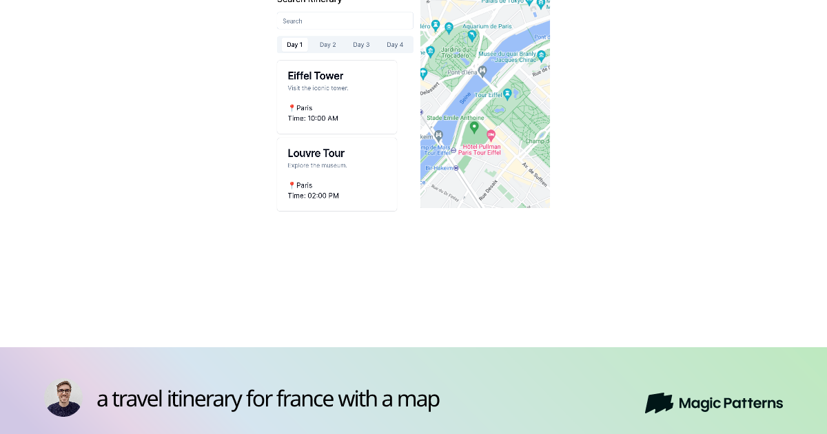 a travel itinerary for france with a map | Built with Magic Patterns